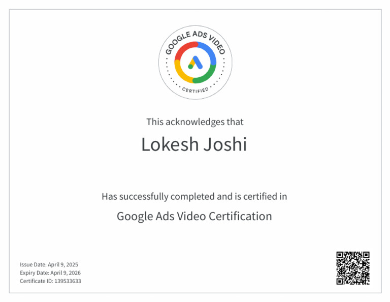 Lokesh Google Video Ads Certificate | PDF