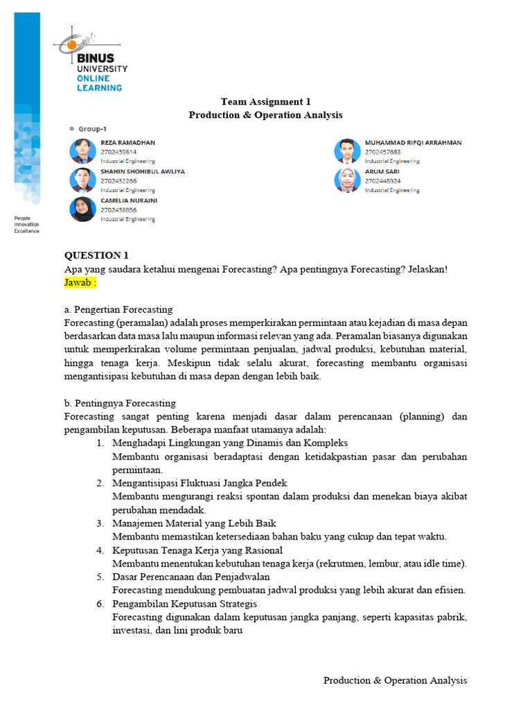 Team Assignment 1 Group-1 Production & Operation Analysis | PDF