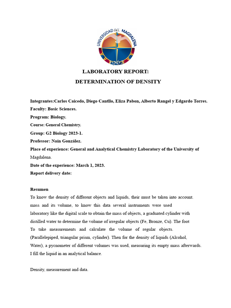 Density Determination Report | PDF | Density | Volume