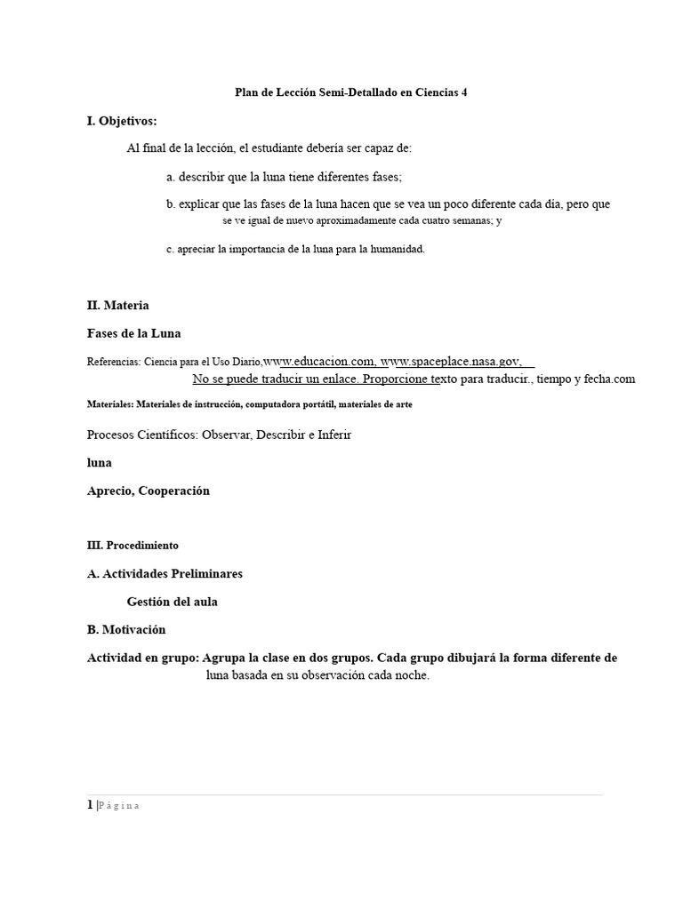 Plan de Lección Detallado Sobre Las Fases de La Luna | PDF | Luna | Tierra