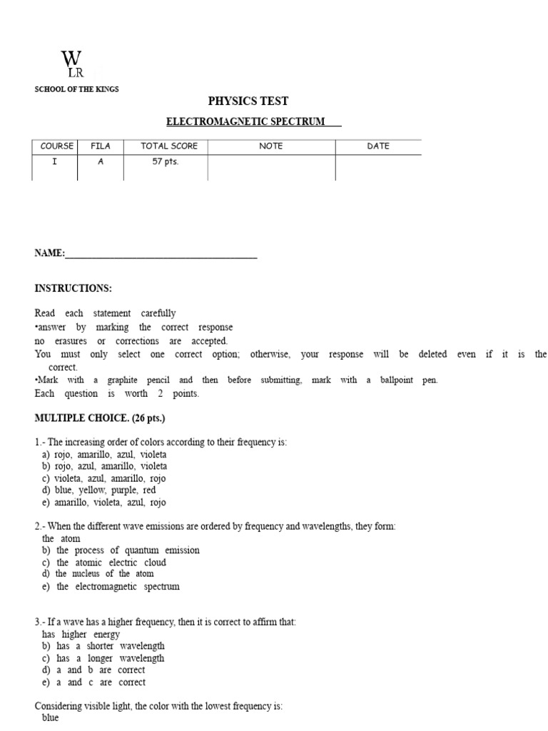 Physics Test: Electromagnetic Spectrum | PDF | Electromagnetic Spectrum ...