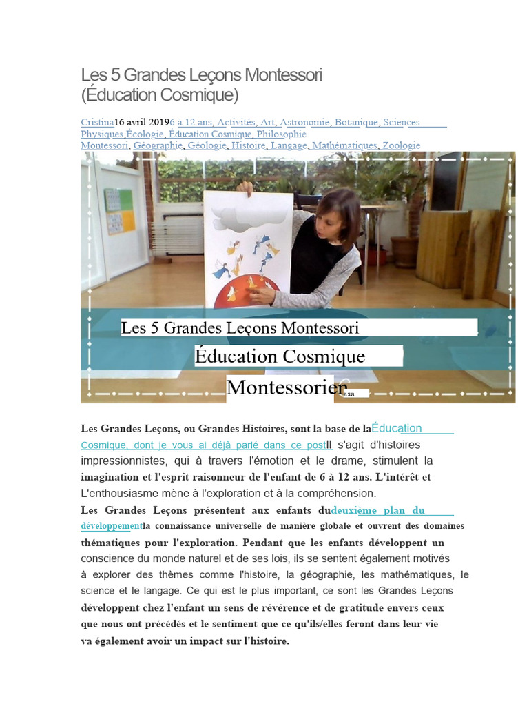 Les 5 Grandes Leçons Montessori | PDF | Pédagogie Montessori | Science