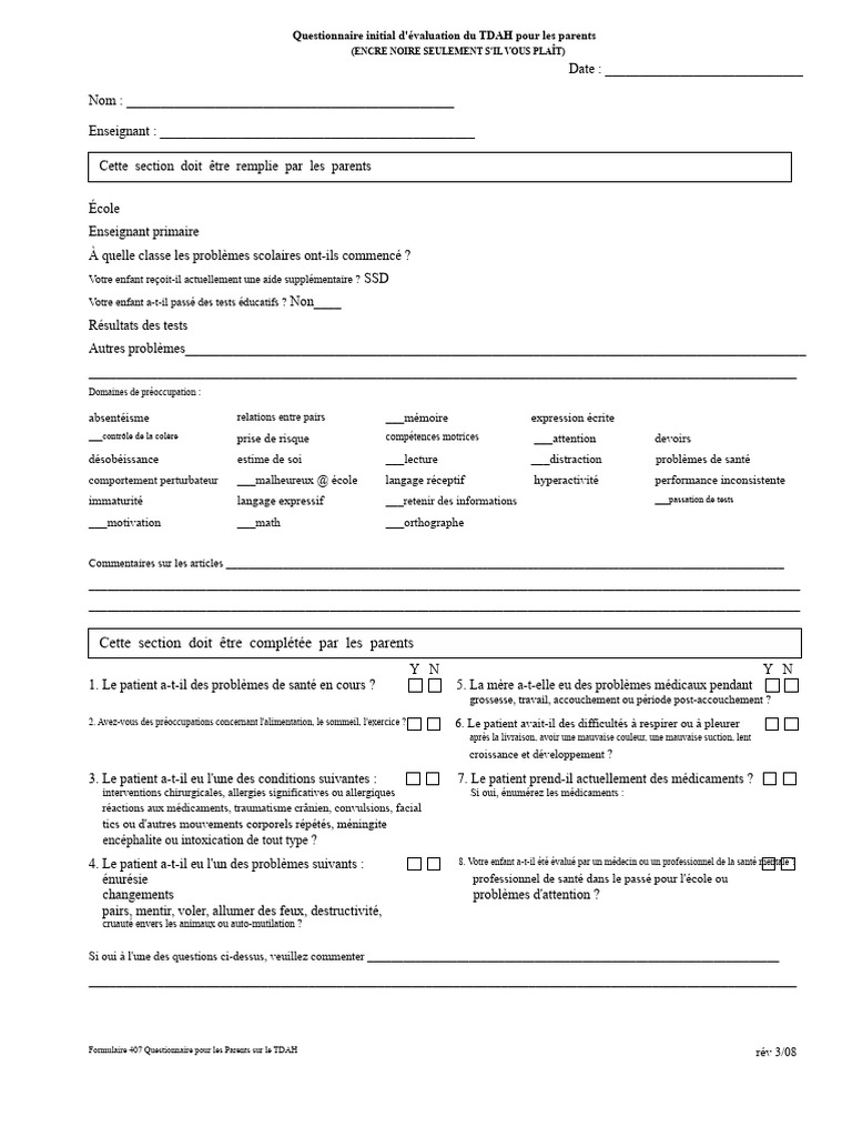 Questionnaire TDAH pour Parents | PDF