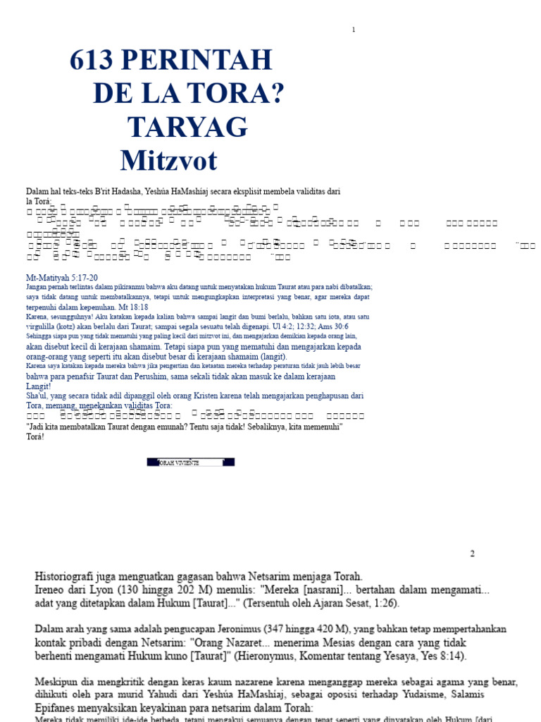 613 Perintah Dari Taurat - Taryag Mitzvot | PDF