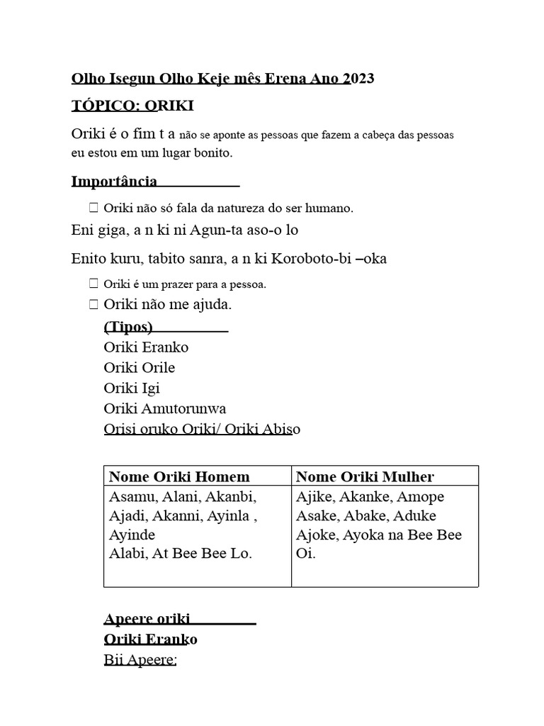 Oriki (Poemas de Louvor Yoruba) | PDF