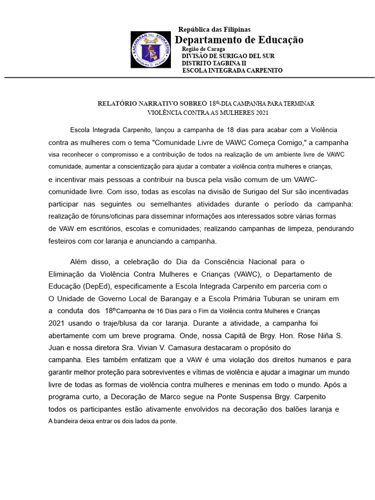 Relatório Narrativo Sobre VAW 2021 | PDF | Violência | Violência contra ...