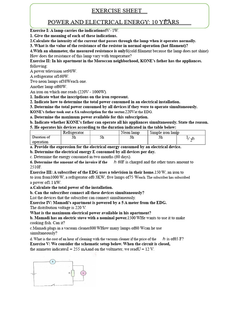 Electrical Energy Exercises and Calculations | PDF | Heat | Electrical ...