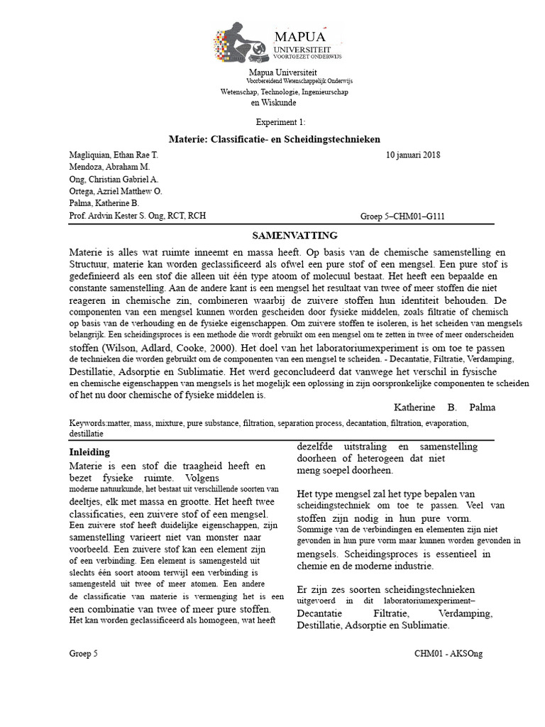 CHM01 1ste Laboratorium Rapport: Classificatie en Scheidingstechnieken ...