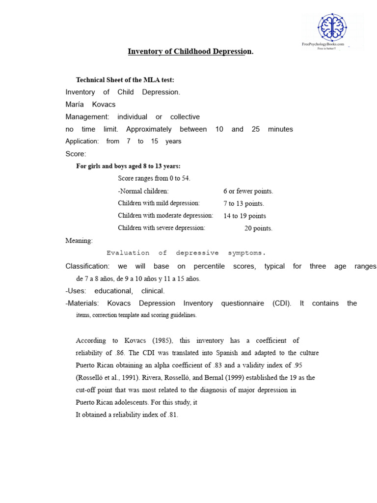 Child Depression Inventory Cdi Kovacs | PDF | Major Depressive Disorder | Validity (Statistics)