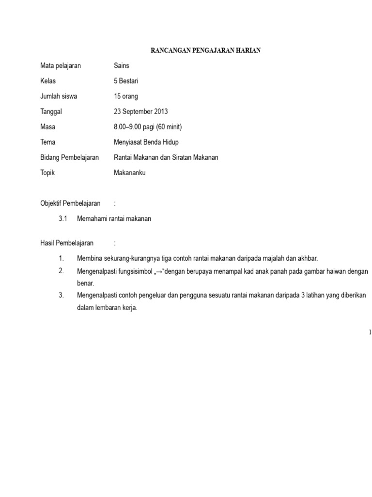 RPH Sains Tahun 5 rantai makanan | PDF