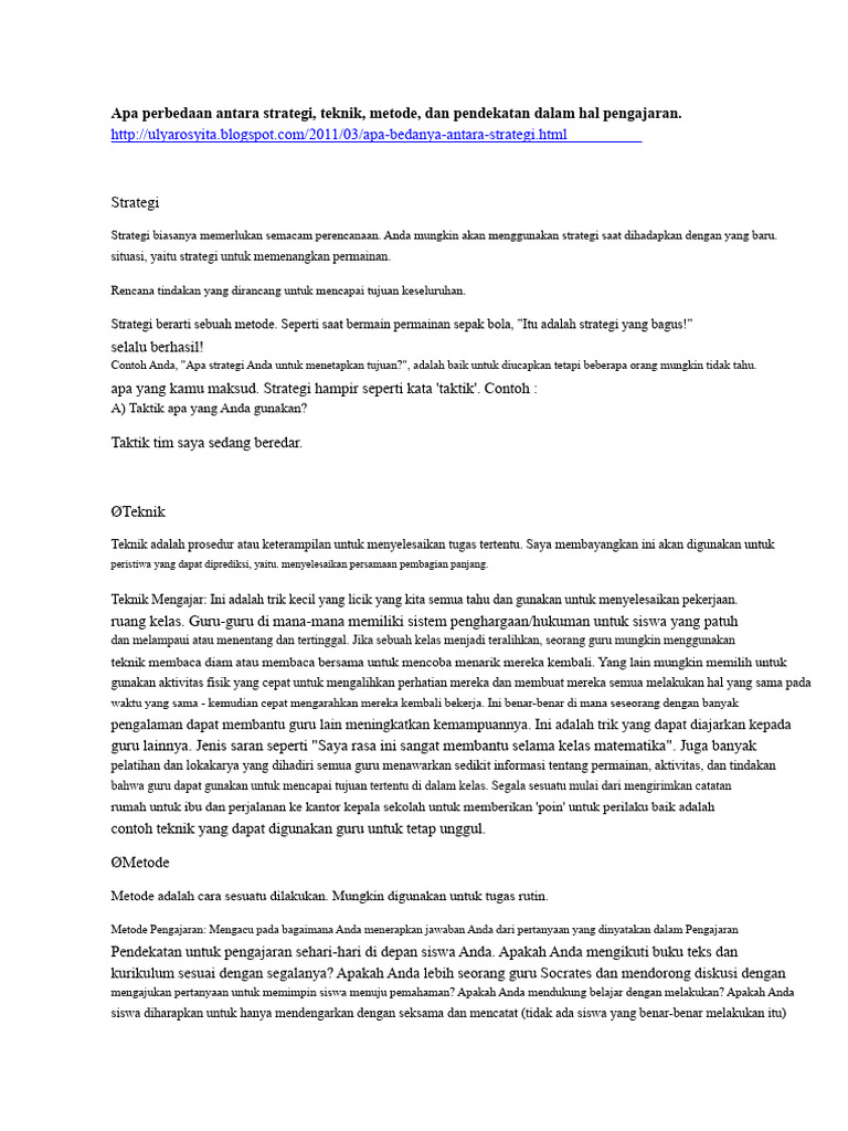Perbedaan Strategi, Teknik, Metode, Pendekatan Pengajaran | PDF