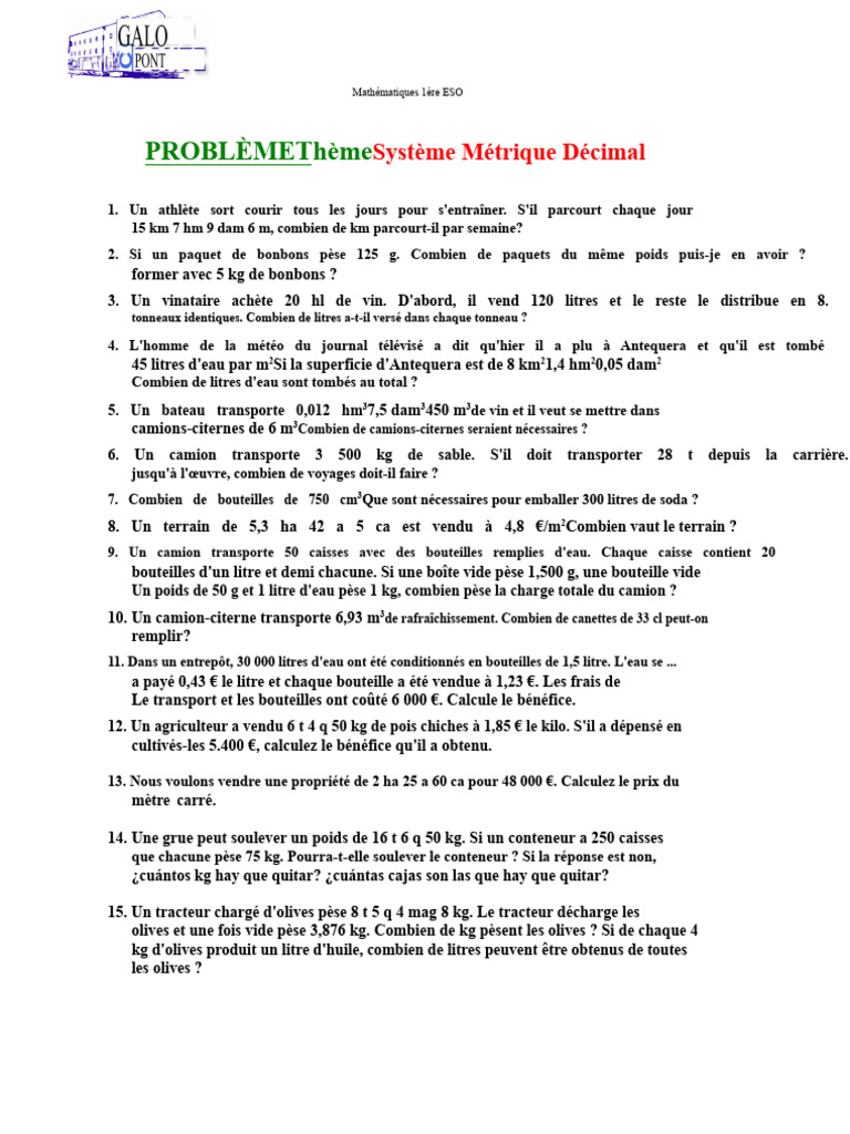 Problèmes de mathématiques 1ère ESO | PDF | Unité de mesure