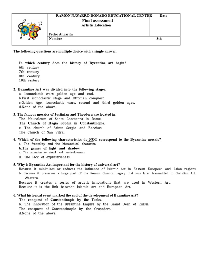 Evaluation Art History 8 | PDF | Byzantine Empire | Mosaic