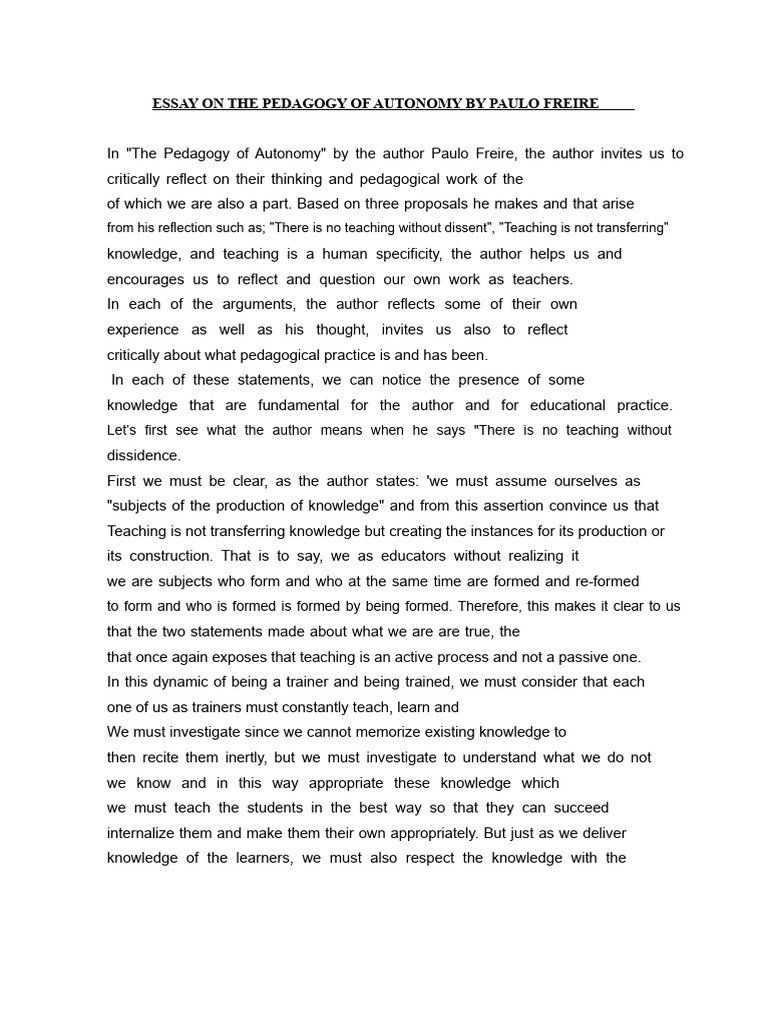 Essay On The Pedagogy of Autonomy of | PDF | Pedagogy | Teachers