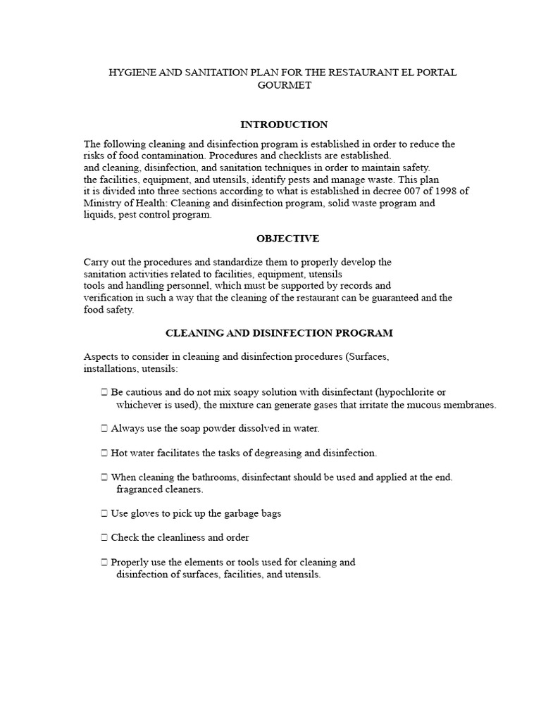 Hygiene and Sanitation Plan of The Restaurant El Portal Gourmet | PDF ...
