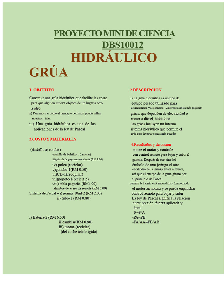 Grúa Hidráulica: Proyecto Científico | PDF | Grúa (máquina) | Motores