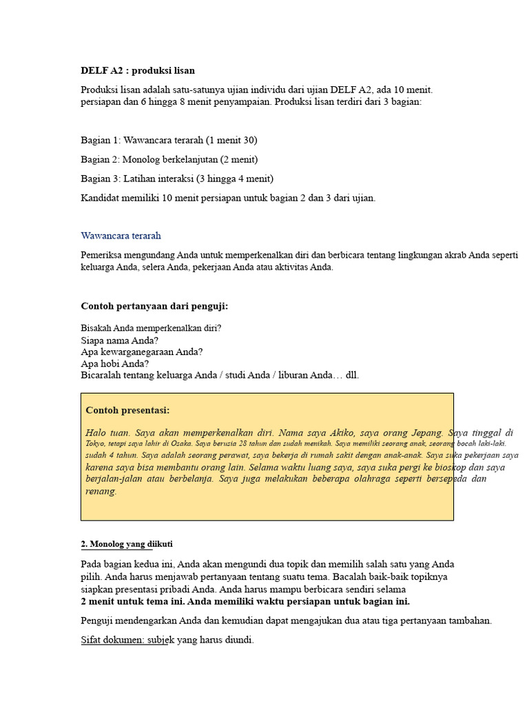 Panduan Produksi Lisan DELF A2 | PDF
