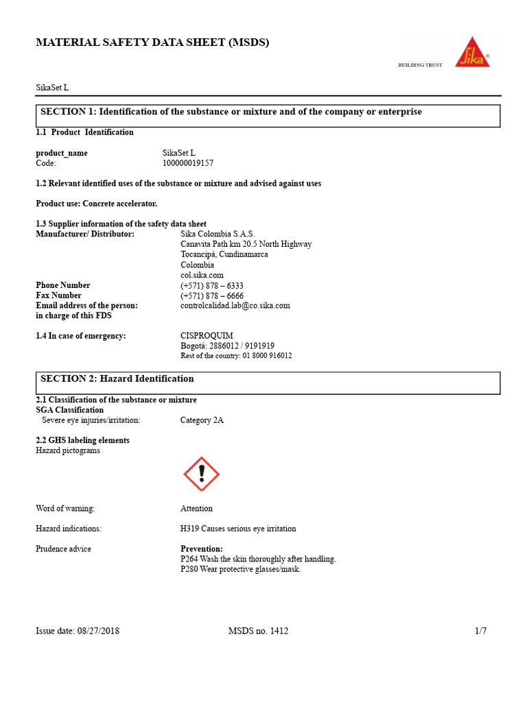 Safety Data Sheet Sika Additive | PDF | Safety | Occupational Safety ...