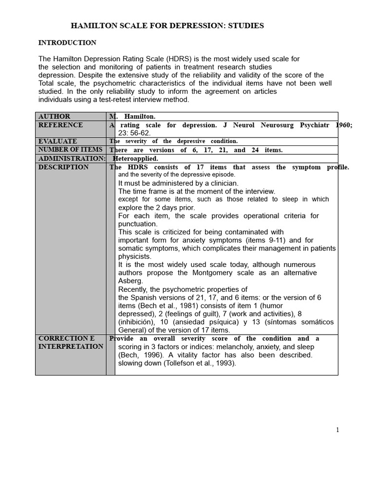 Hamilton Depression Scale Overview | PDF | Major Depressive Disorder ...