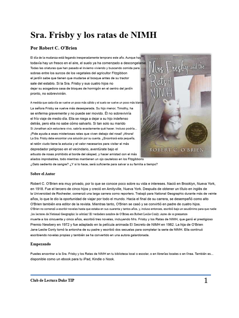 Actividades Del Club de Lectura: Mrs. Frisby y Los Ratas de NIMH 9.2018 ...