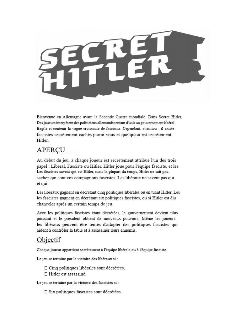 Règles du jeu Secret Hitler en Allemagne | PDF
