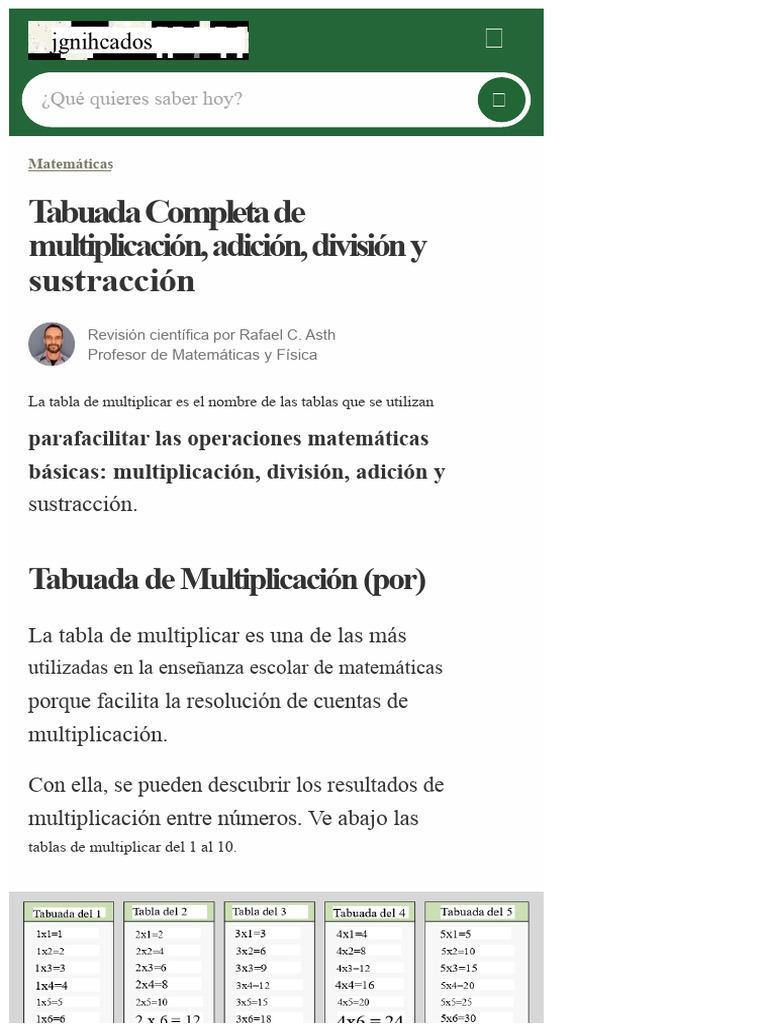 Tabla Completa de Multiplicación, Adición, División y Sustracción ...
