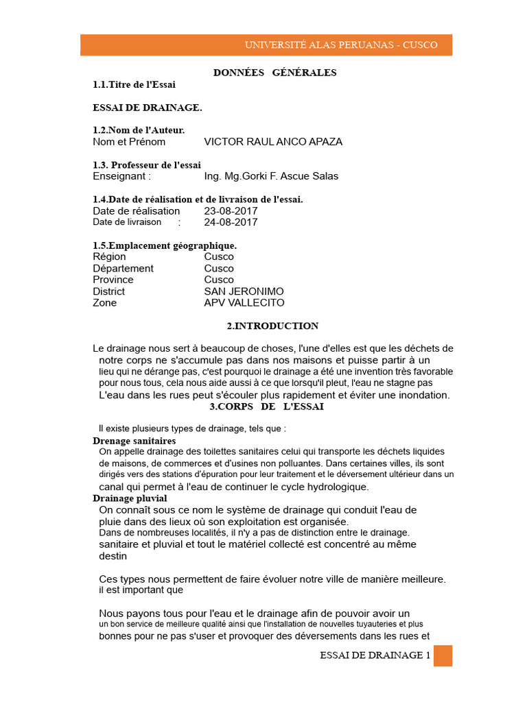 Essai sur le Système de Drainage à Cusco | PDF | Eau | Environnement ...