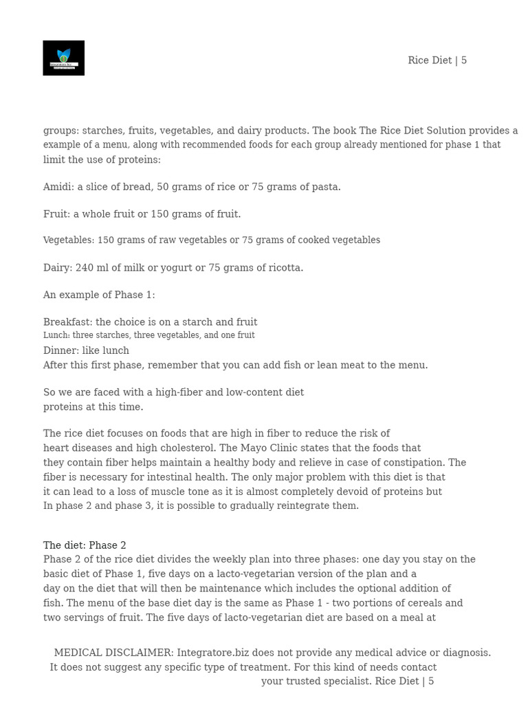 Rice Diet Phases: Menu & Guidelines | PDF | Dietary Fiber | Diet ...