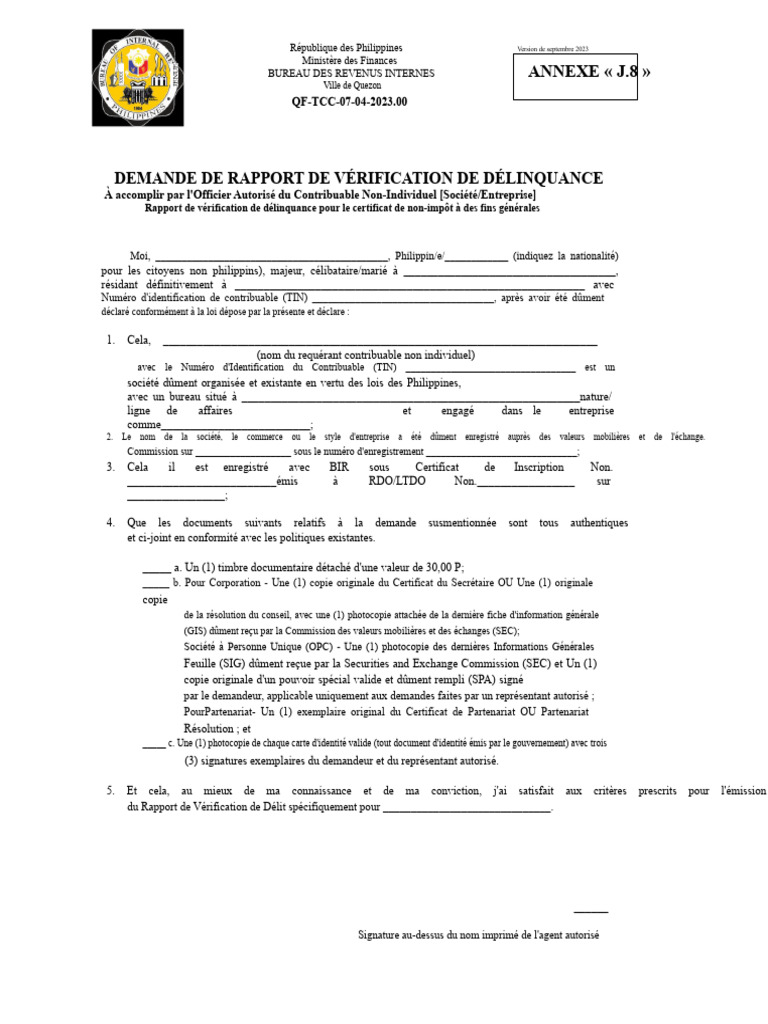 Demande de Rapport de Vérification de Délinquance Pour Les Contribuables Non-Individuels | PDF ...