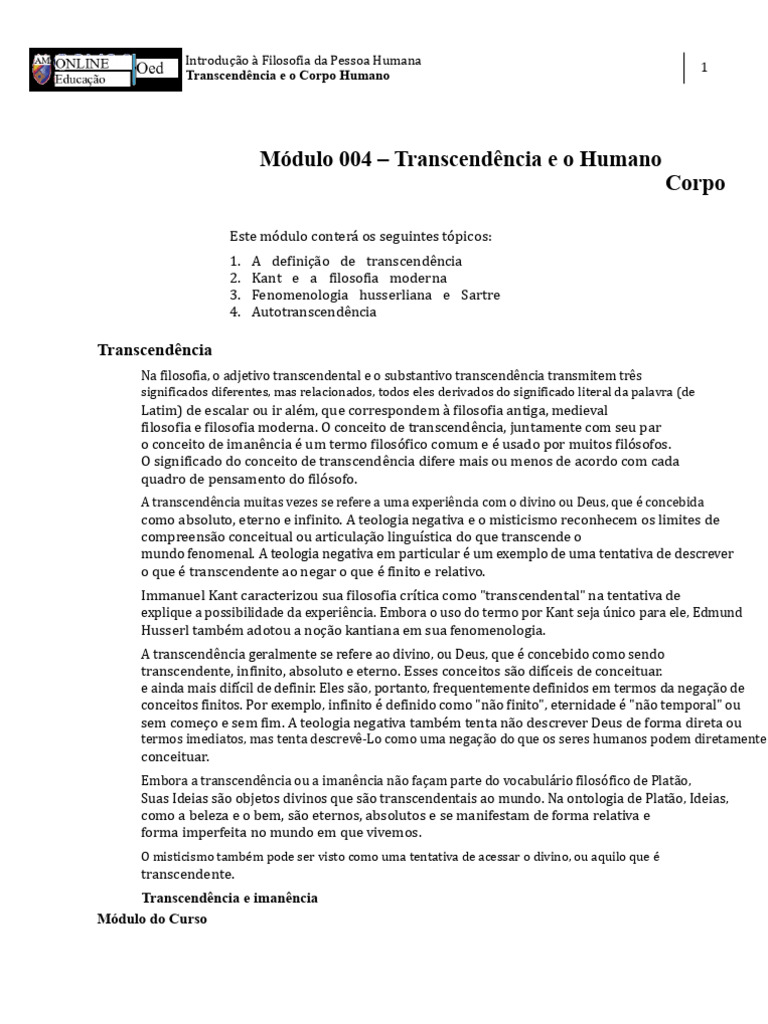 Conteúdo 2 | PDF | Transcendência (Filosofia) | Fenomenologia (Filosofia)