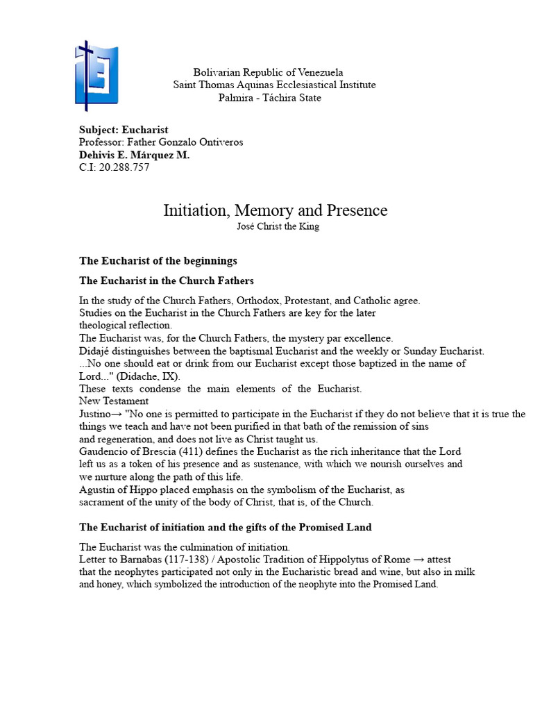 Initiation, Memory and Presence - Dehivis Márquez | PDF | Eucharist ...