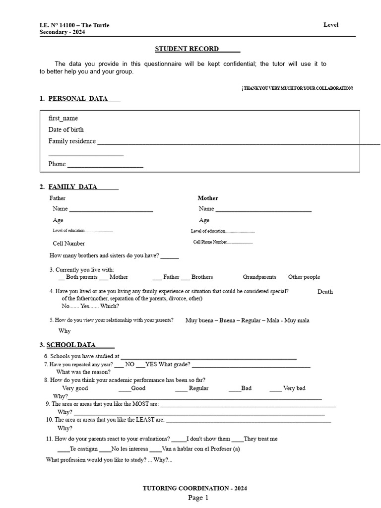 Student Questionnaire for Tutoring 2024 | PDF | Psychology
