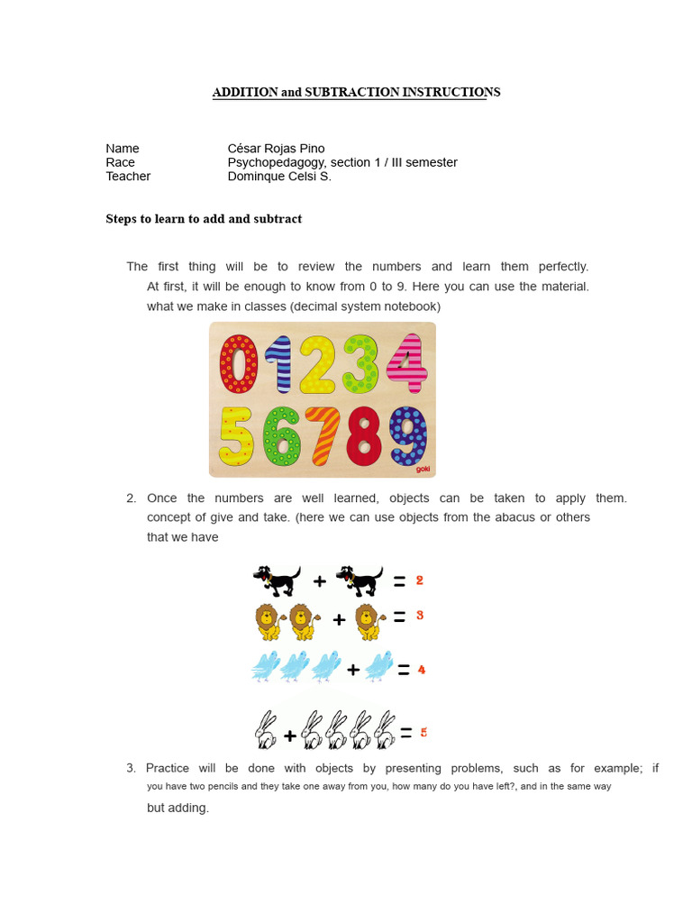 INSTRUCTION ADDITION and SUBTRACTION | PDF | Subtraction | Mathematics