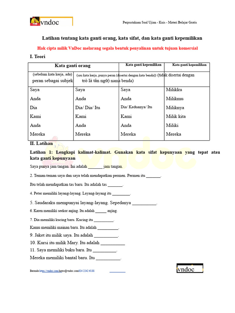 Kuis Kata Ganti dan Sifat Kepemilikan | PDF