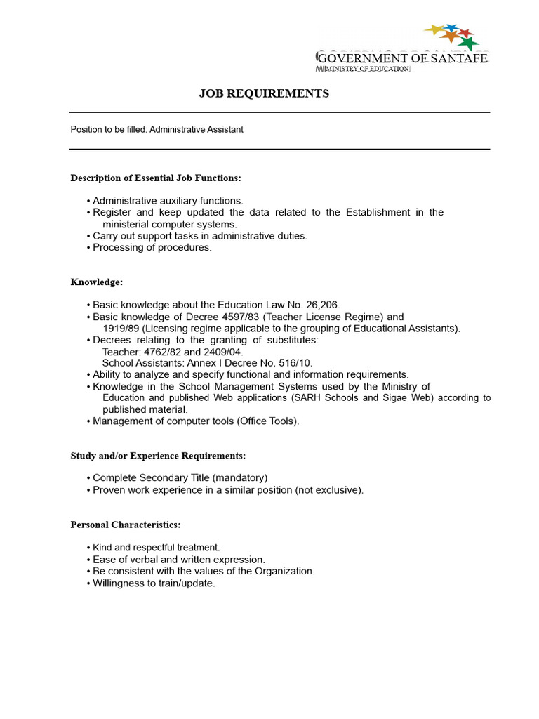 Administrative Assistant Requirements | PDF