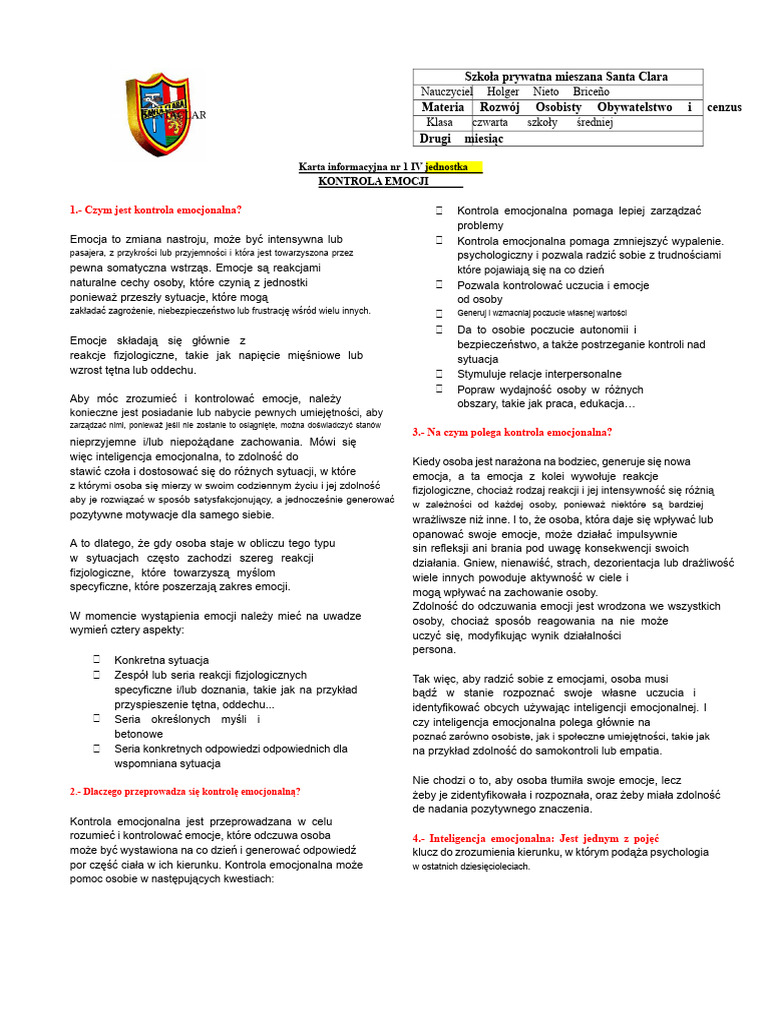 ARKUSZ INFORMACYJNY 1_ KONTROLA EMOCJI | PDF