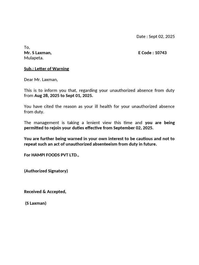 Warning Letter for Unauthorized Absence | PDF