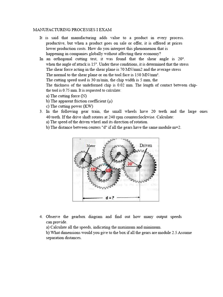 Manufacturing Processes Exam I | PDF | Gear | Physical Sciences