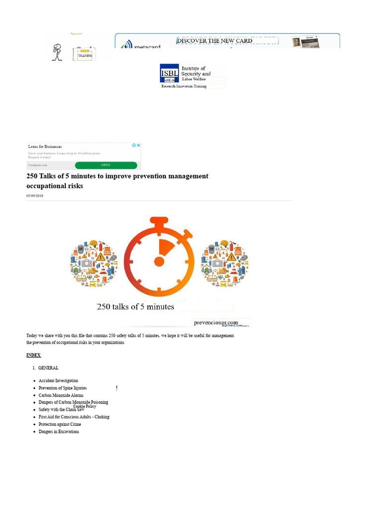 250 Safety Talks for Risk Prevention | PDF | Occupational Safety And ...