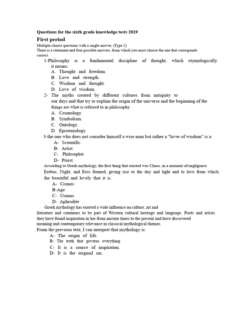 Questions For Knowledge Tests For Sixth Grade First Period 2019 | PDF ...