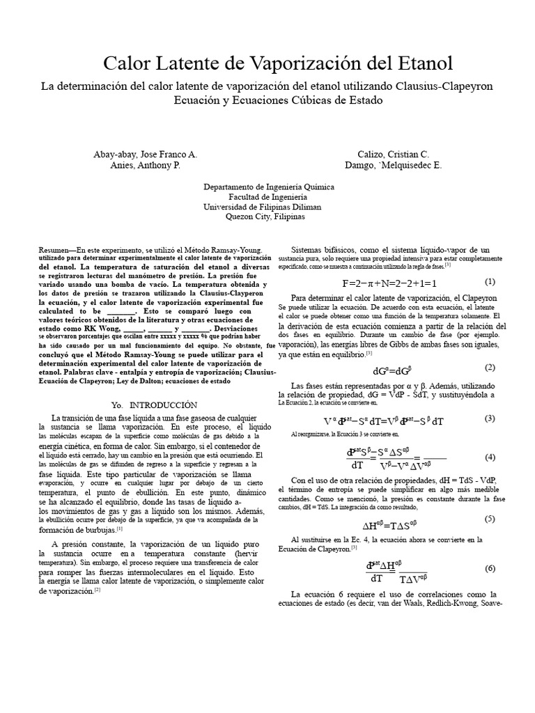 Calor Latente de Vaporización Del Etanol | PDF | Gases | Líquidos
