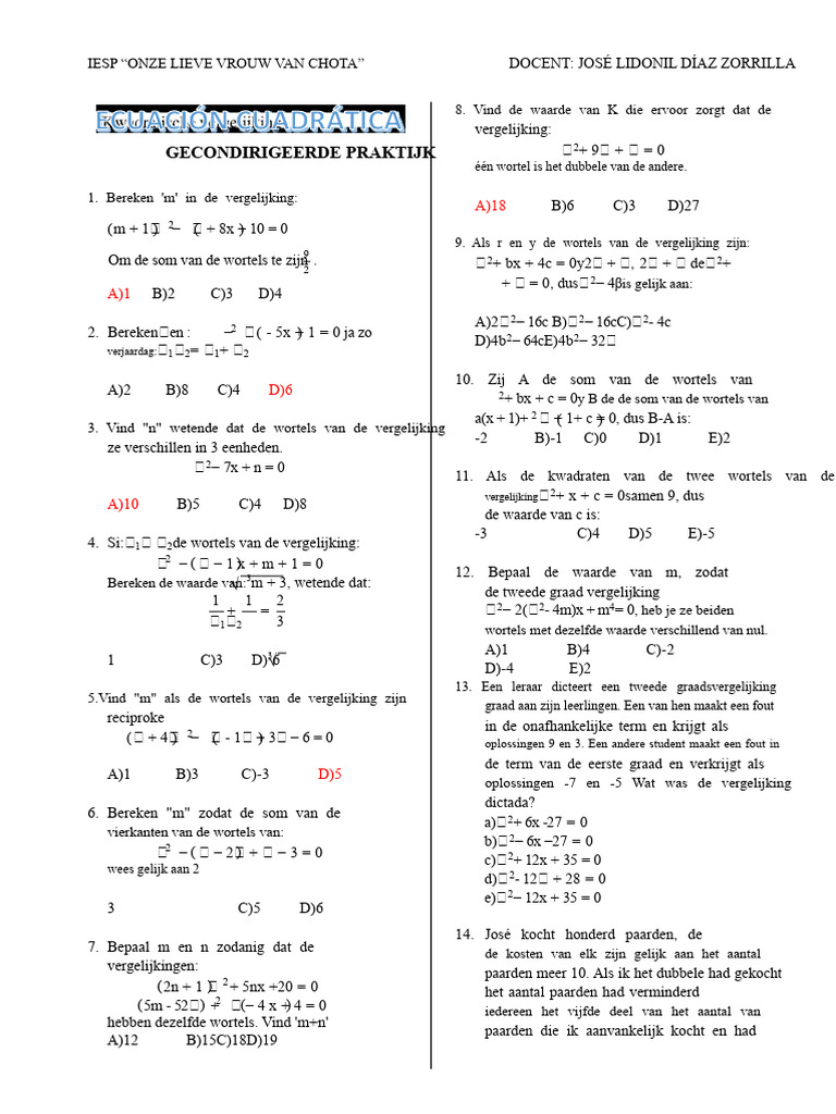 Oefening - Kwadratische Vergelijking | PDF