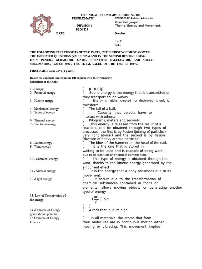 Energy Concepts and Calculations Test | PDF | Potential Energy ...