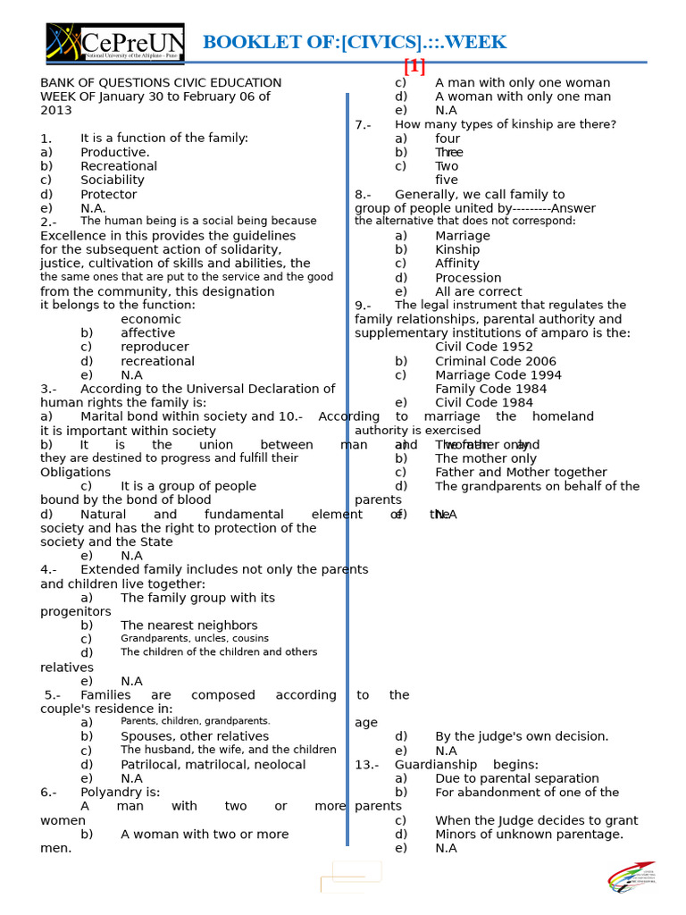 Civics Education Questions Booklet | PDF | Family | Marriage