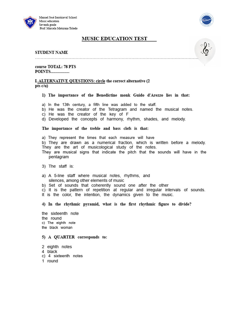 Music Education Test 7 | PDF | Rhythm | Pitch (Music)
