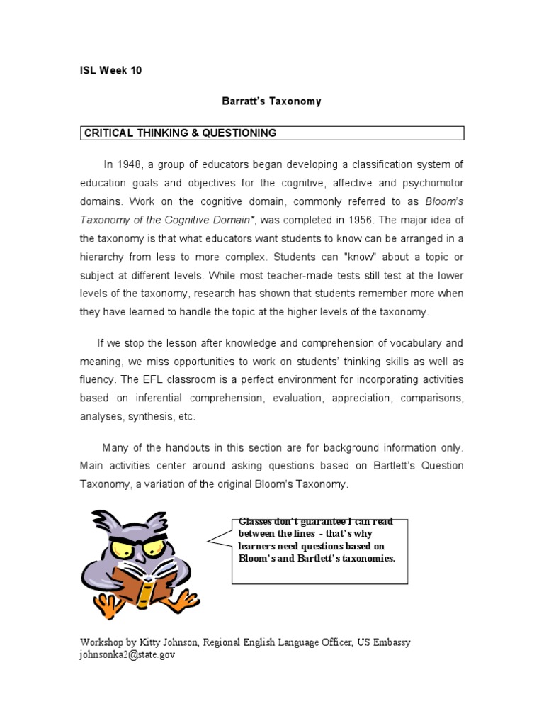 Barrett's Taxonomy | Reading Comprehension | Behavioural Sciences