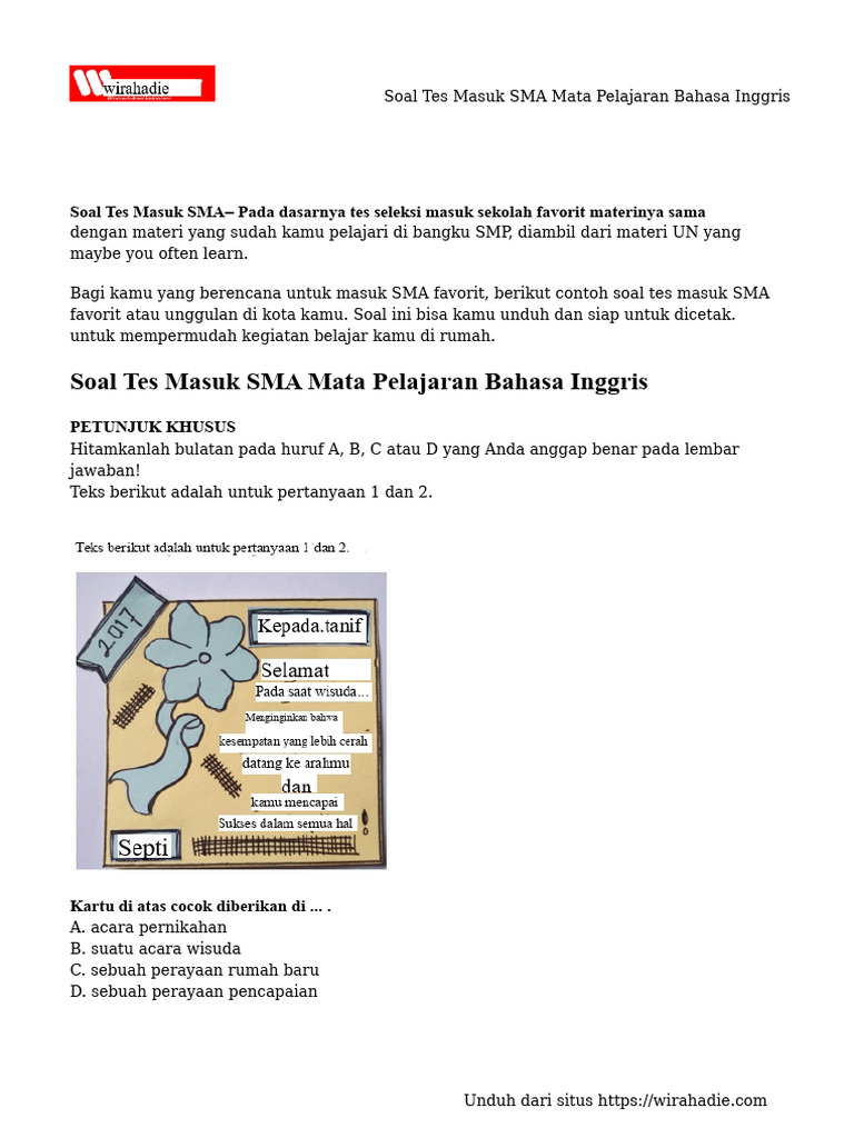 Soal Tes Masuk SMA Bahasa Inggris Gratis | PDF