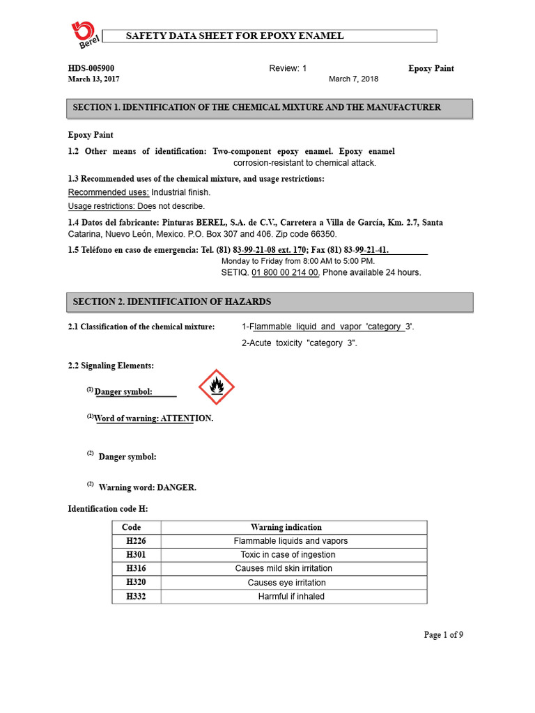 Epoxy Enamel Safety Data Sheet | PDF | Toxicity | Paint