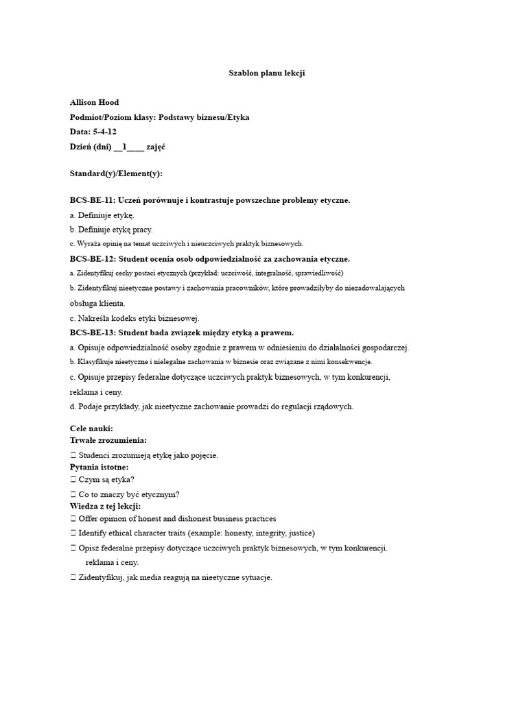 Codzienny Plan Lekcji Folder 5 | PDF