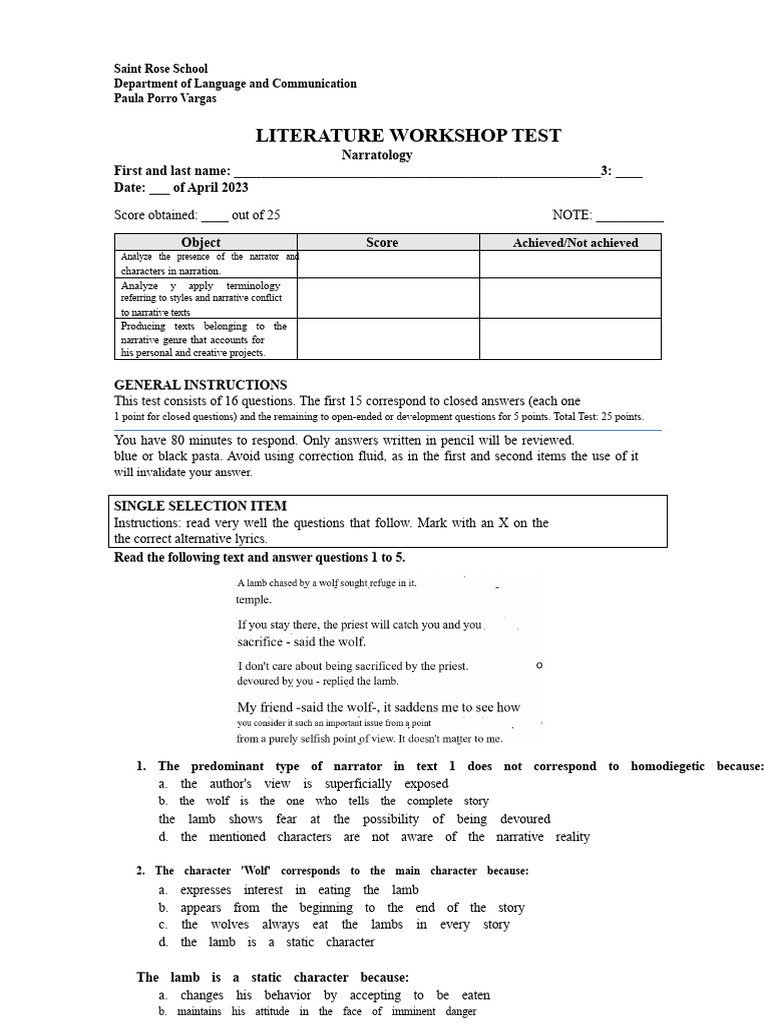 Elective Test Literature Workshop | PDF | Narrative | Multiple Choice
